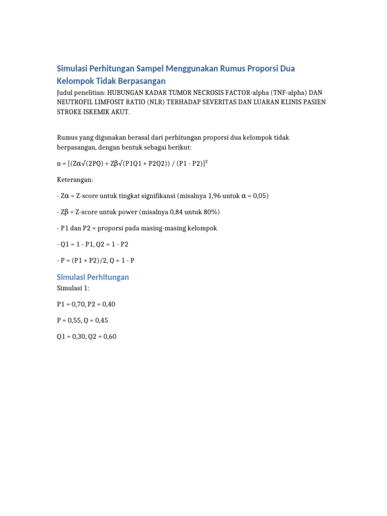 Simulasi Penghitungan Sampel TNFalpha NLR Stroke | PDF