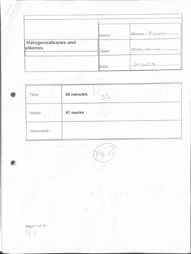 Halogenoalkane and Alkenes Test | PDF