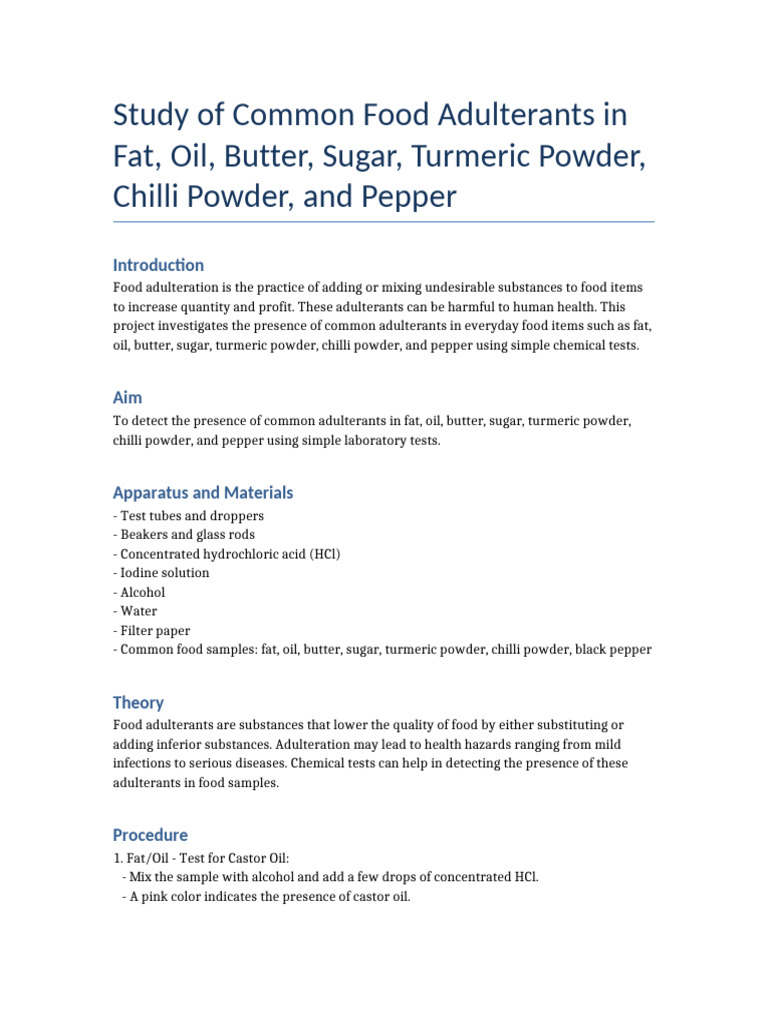 Food Adulterants Project | PDF | Chili Pepper | Hydrochloric Acid