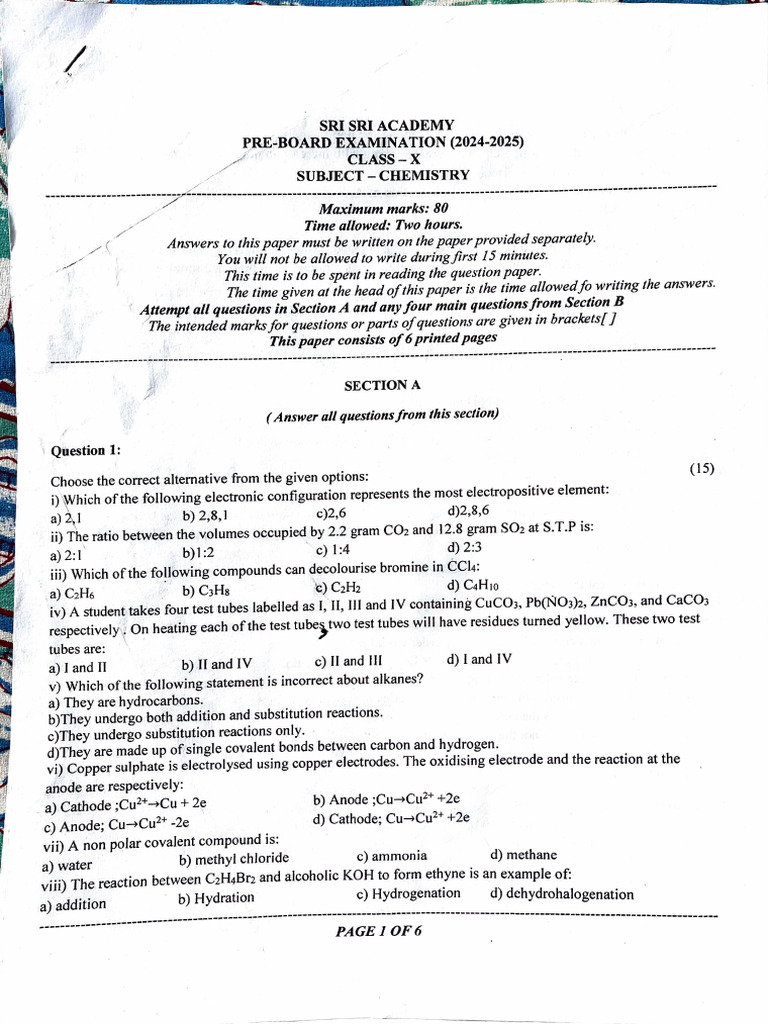 Pre Board Chemistry Paper | PDF