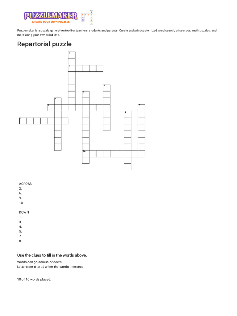 Criss Cross Puzzle - Discovery Education Puzzlemaker | PDF