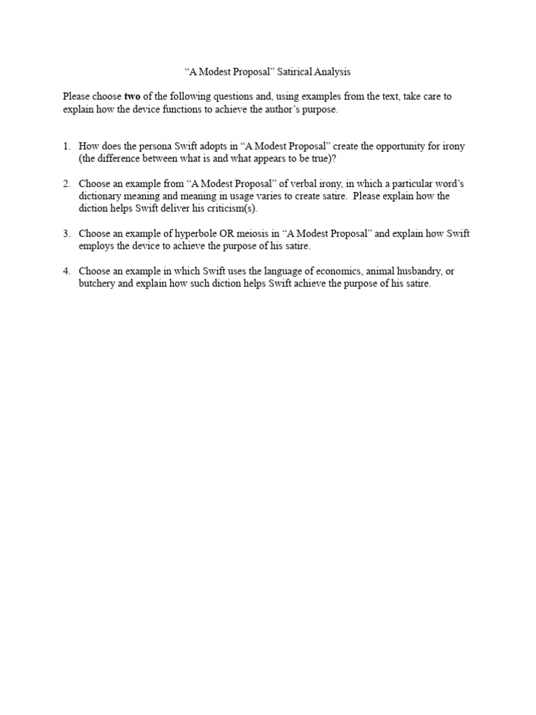 Eng a Modest Proposal Satirical Analysis Questions (1) (2) | PDF