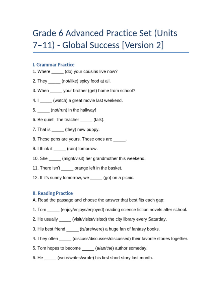Grade 6 Advanced Grammar & Reading Practice | PDF