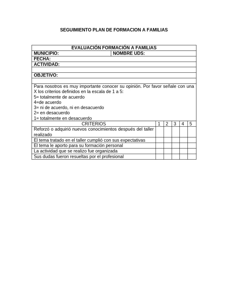 Seguimiento Plan de Formacion A Familias | PDF