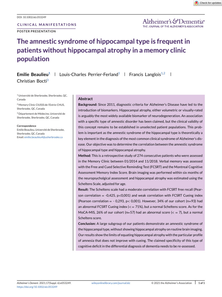 Alzheimer S Dementia - 2022 - Beaulieu - The Amnestic Syndrome of Hippocampal Type Is Frequent ...