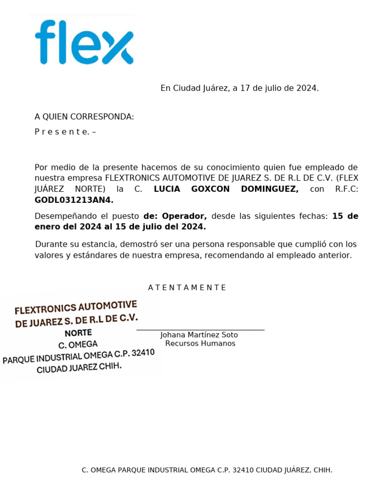 Certificación de empleo en Flex Norte | PDF