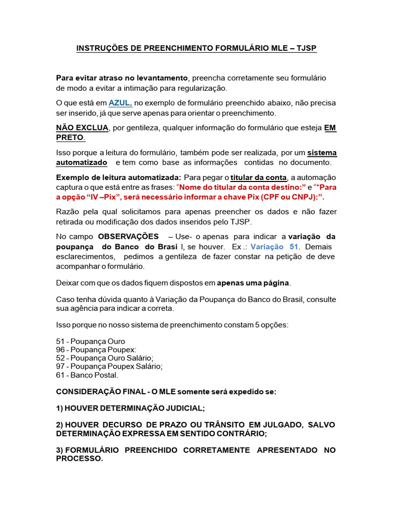 Modelo Preenchido de Formulário MLE - TJSP | PDF