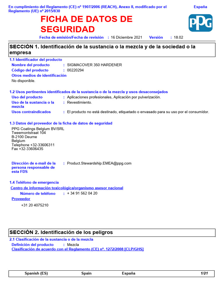 SIGMACOVER 350 Hardener | PDF | La seguridad | Toxicología
