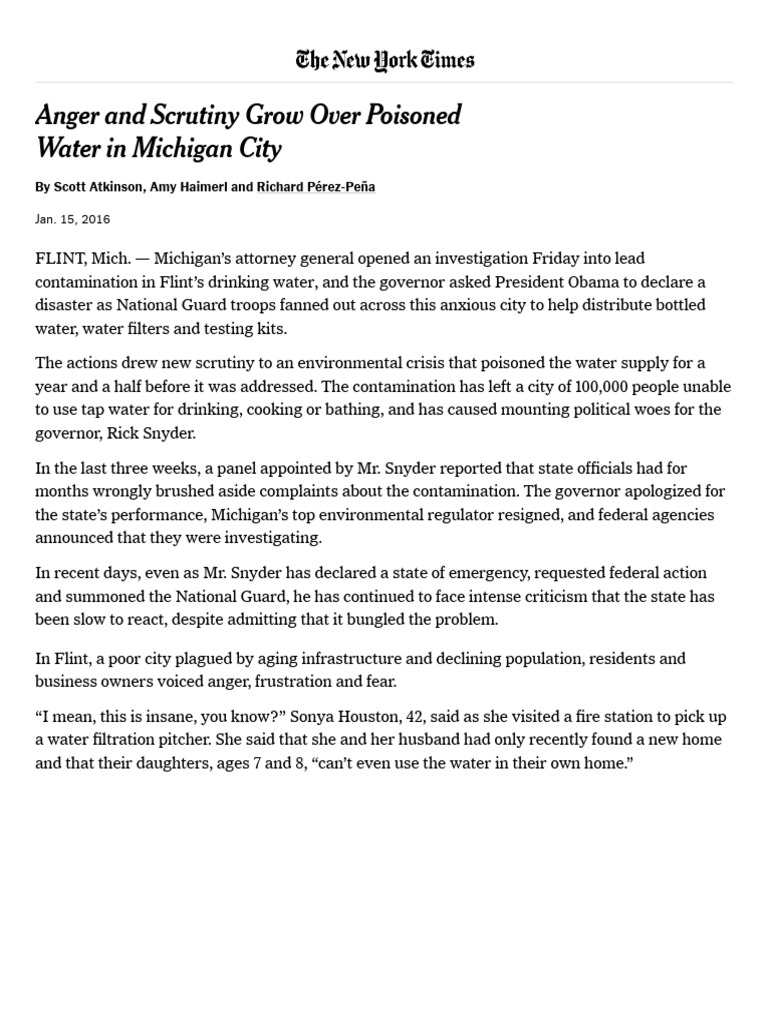 Anger and Scrutiny Grow Over Poisoned Water in Michigan City - The New ...