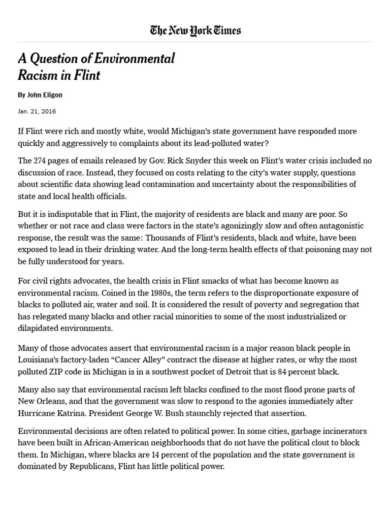 A Question of Environmental Racism in Flint - The New York Times | PDF ...