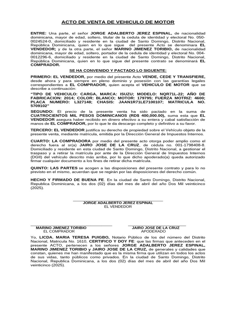 Acto de Venta de Vehiculo de Motor Jorge Adalberto Jerez Espinal | PDF ...