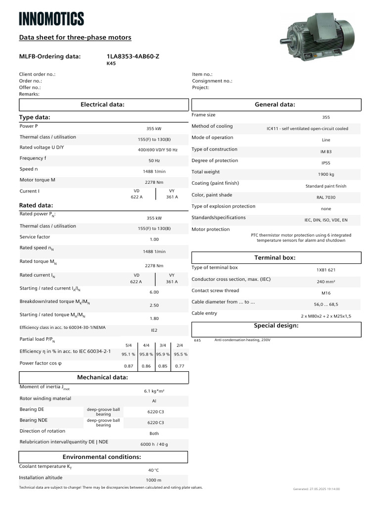 K45 Three-Phase Motor Data Sheet | PDF | Electric Motor | Electric Power