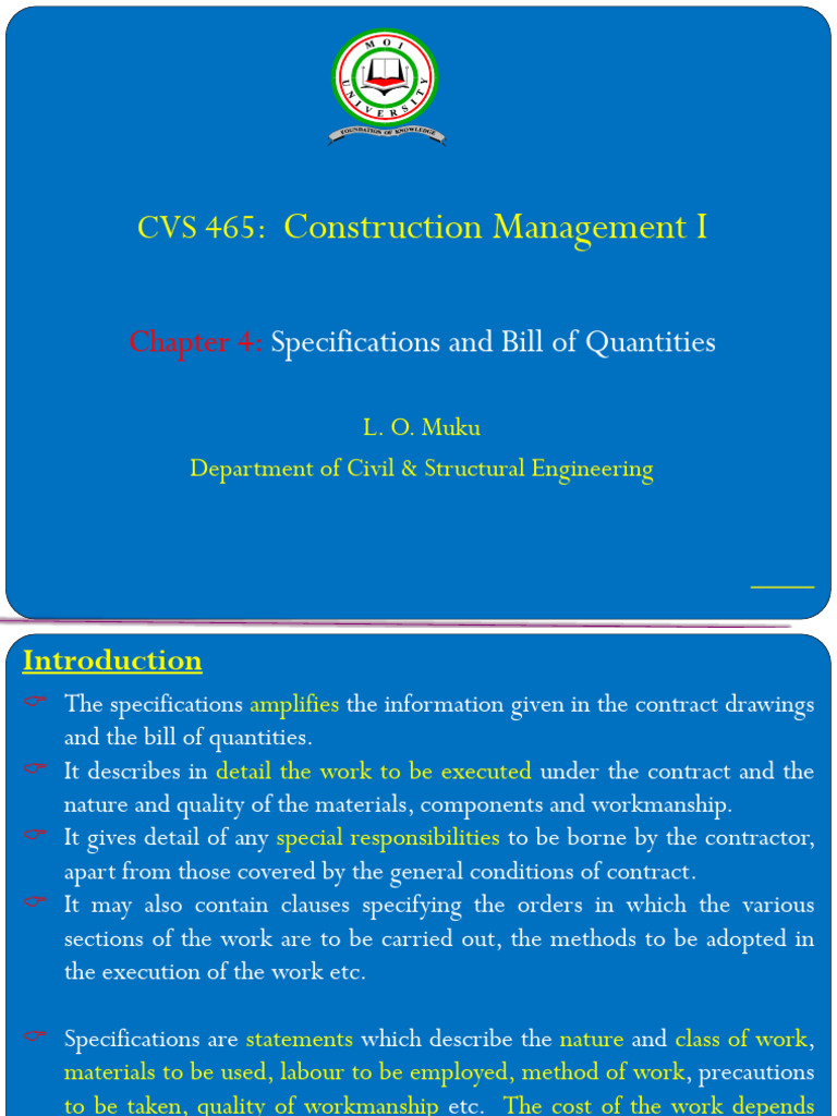 CVS 465. Chapter 4. Specifications and Bill of Quantities | PDF ...