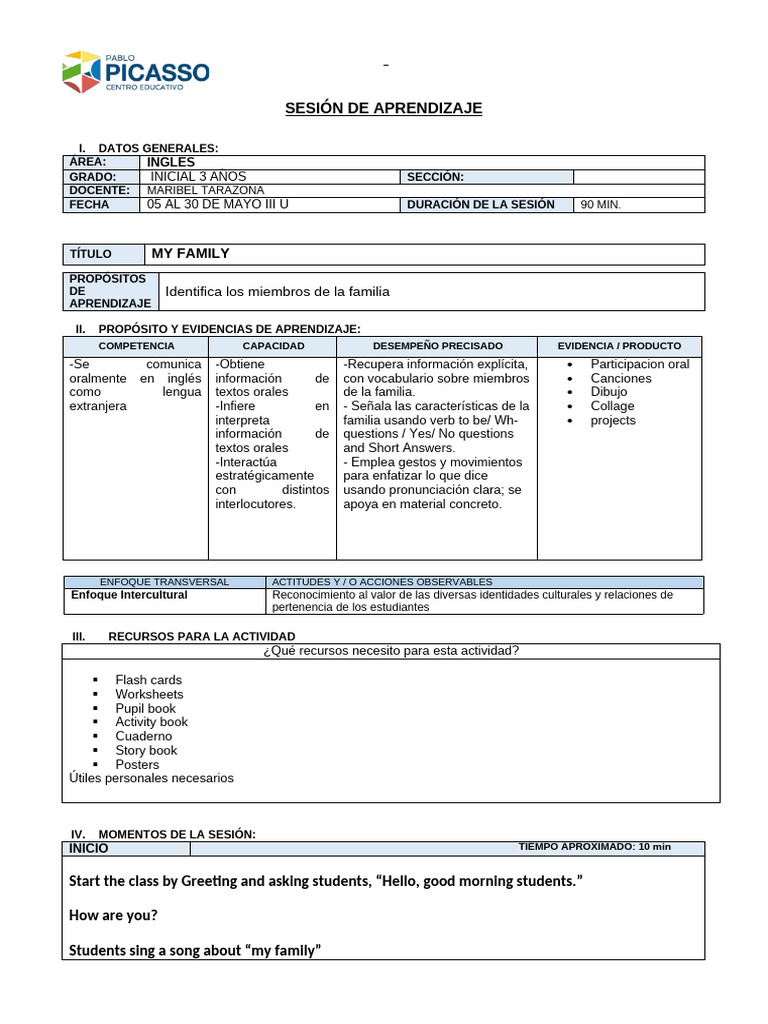 Sesión de Aprendizaje Inicial 3 Años Iib 5 Al 30 Mayo Picasso | PDF | Aprendizaje