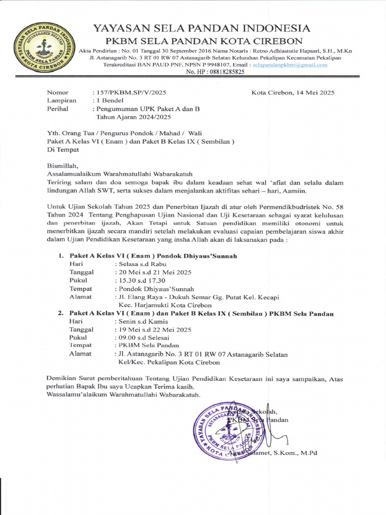 Jadwa UPK FIX Paket A Dan B PKBM Sela Pandan Tahun 2025 | PDF
