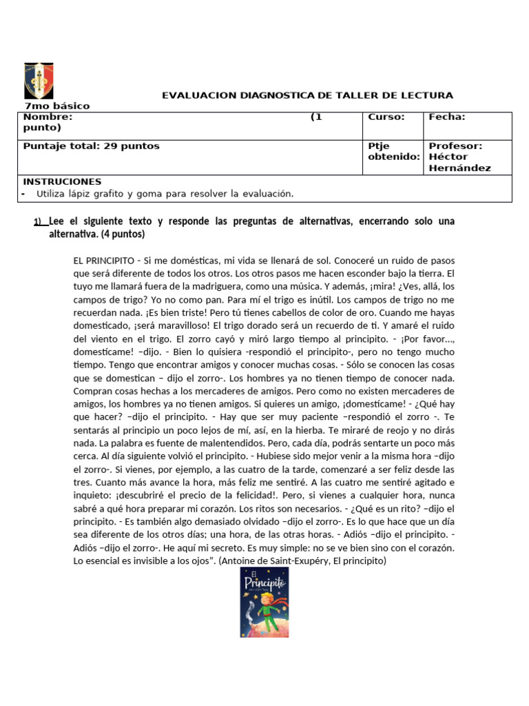 TALLER DE LECTURA 7mo Básico | PDF | El Principito