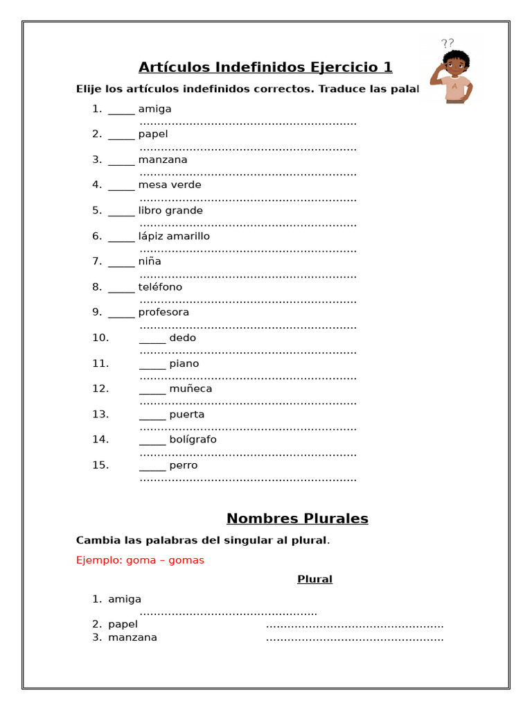 Artículos Indefinidos Ejercicio 1 | PDF