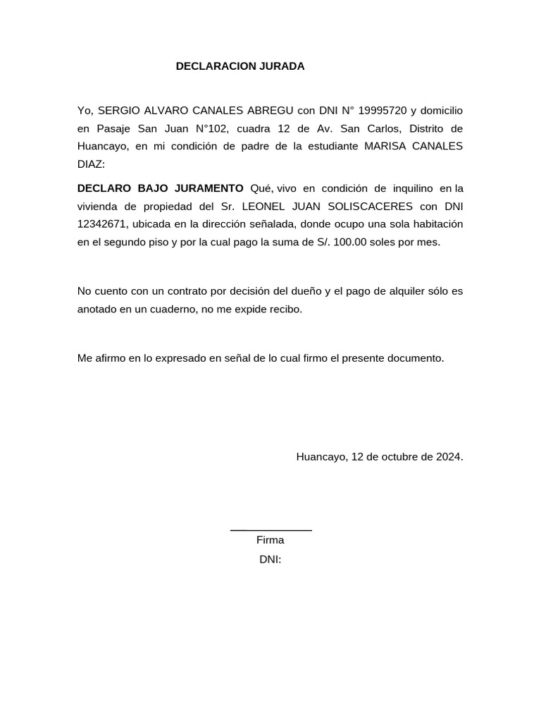 Declaracion Jurada 02 Inquilino | PDF