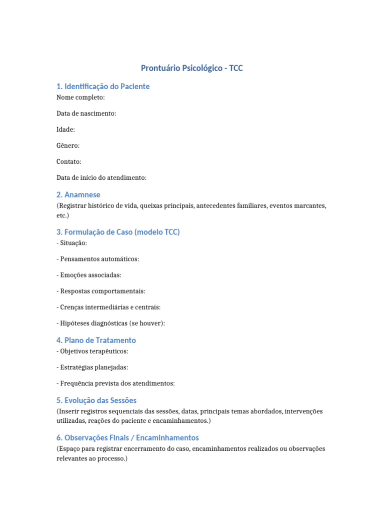 Prontuario Psicologico TCC Modelo | PDF