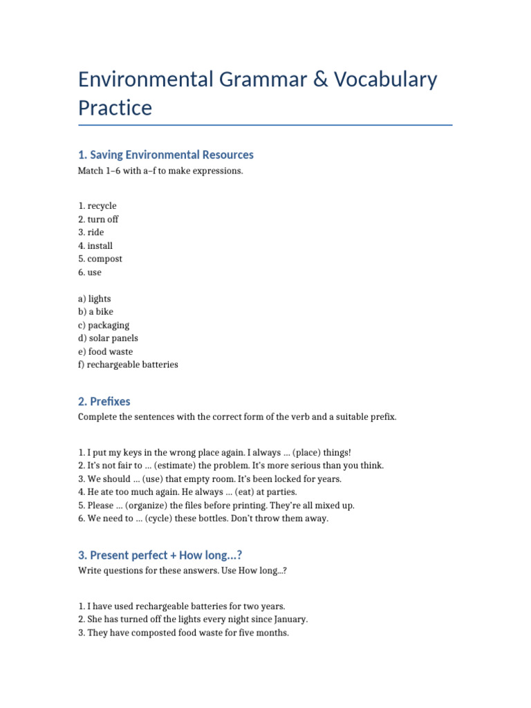 Environmental Grammar and Vocabulary Practice | PDF | Waste | Pollution