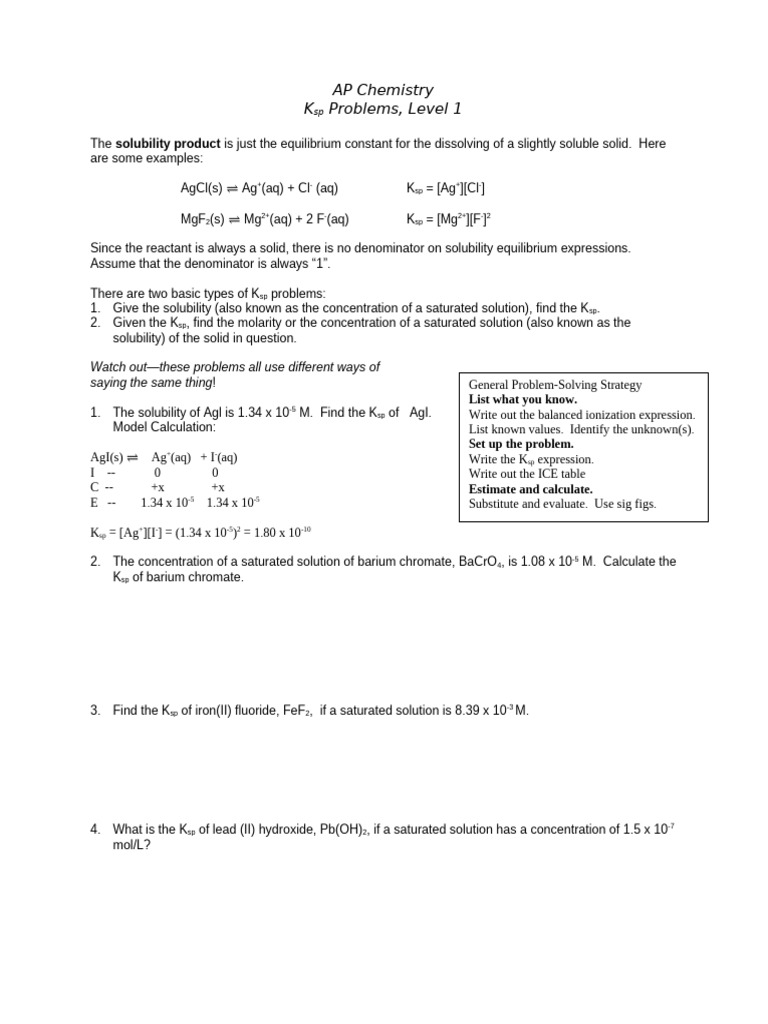 AP Ksp problems level 1 2018 | PDF | Solubility | Chemical Equilibrium