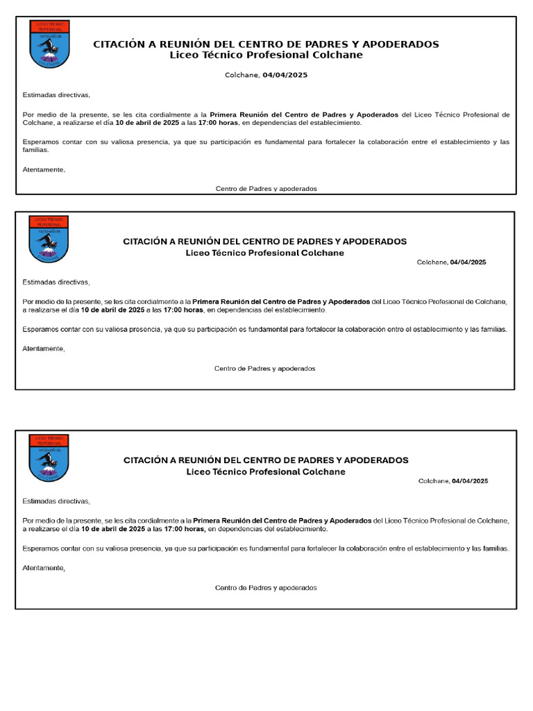Formato Citacion de Reunion de Apoderados | PDF