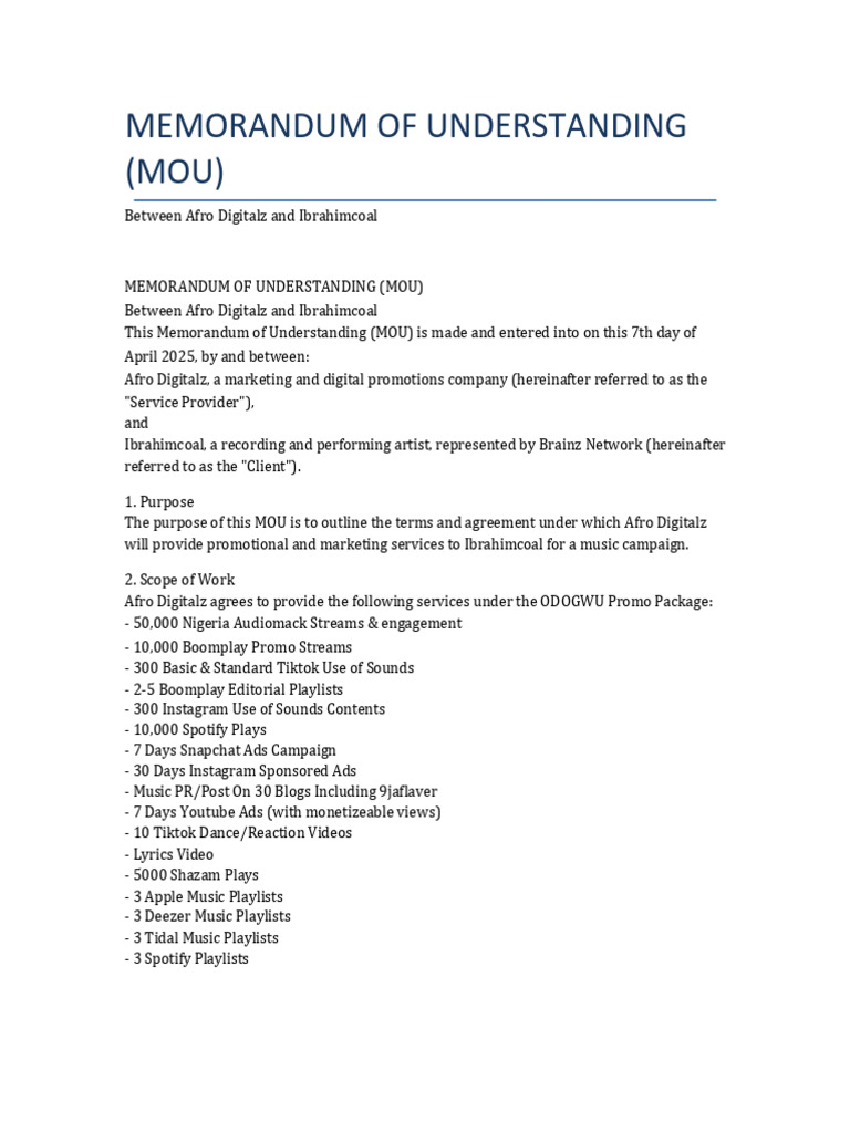 Sample of MOU (Artsite/Promoter) | PDF