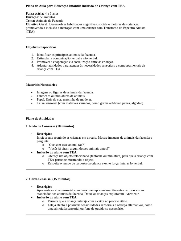 Plano de Aula Inclusivo para Crianças com TEA | PDF | Autismo | Pré-escola