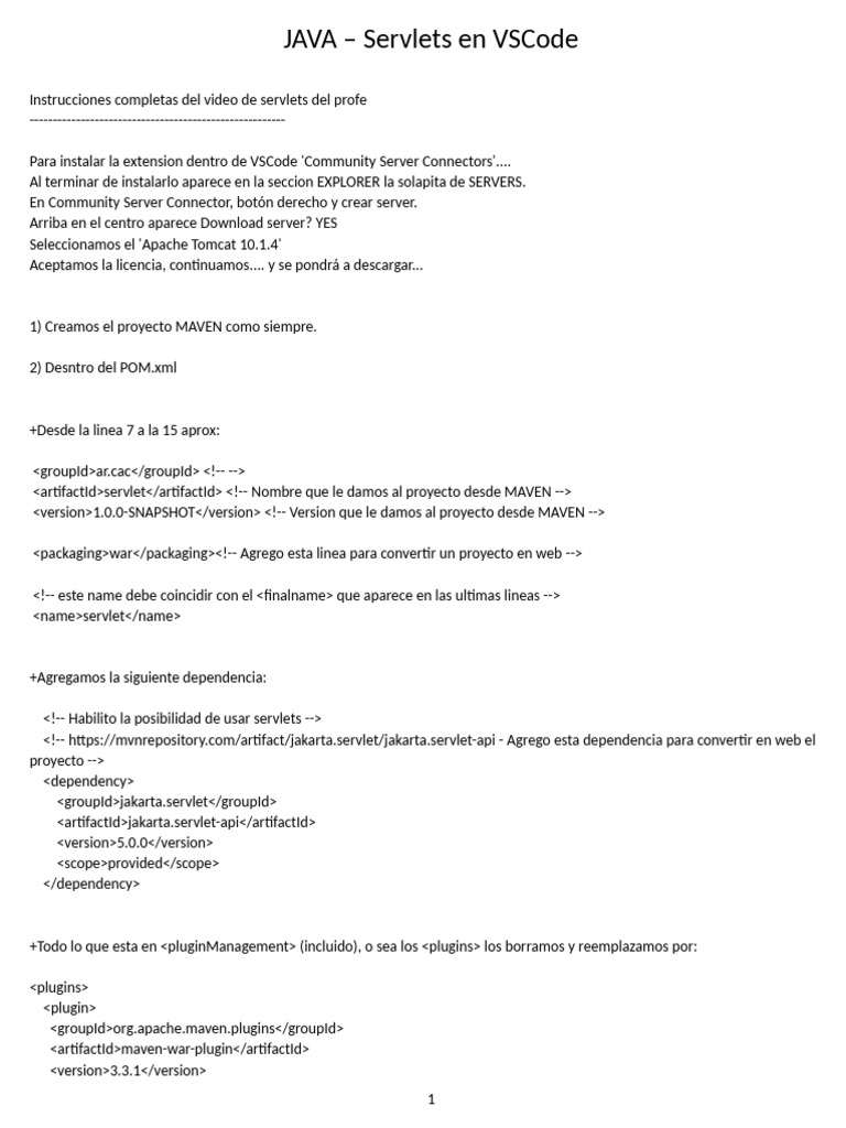 Instrucciones JAVA - Servlet | PDF | Plataforma Java | Java Enterprise Platform
