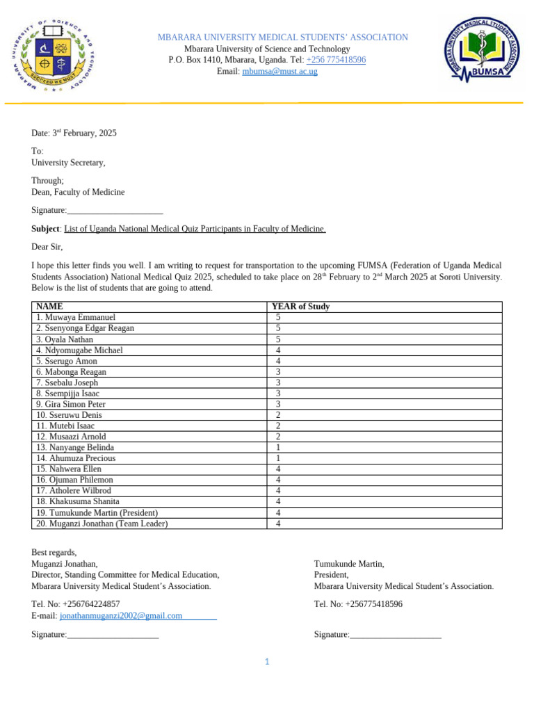 FUMSA National Quiz Participants List | PDF