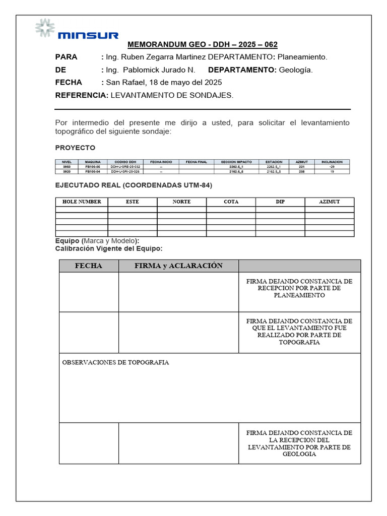 Memo Geo DDH 2025 062 | PDF