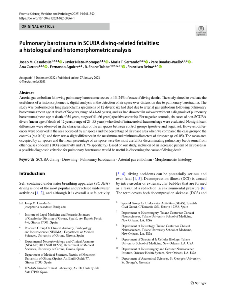 Pulmonary Barotrauma in SCUBA Diving Related Fatalities | PDF | Scuba ...