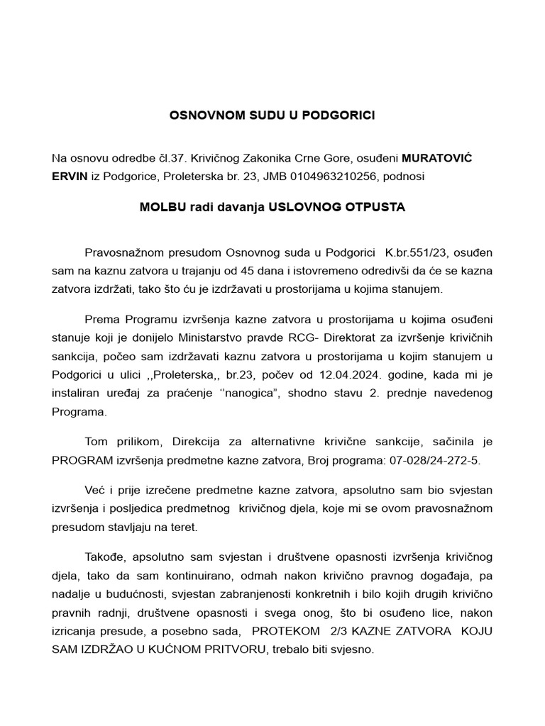 Molba Za Uslovni Otpust Muratovic Ervin - 3 | PDF
