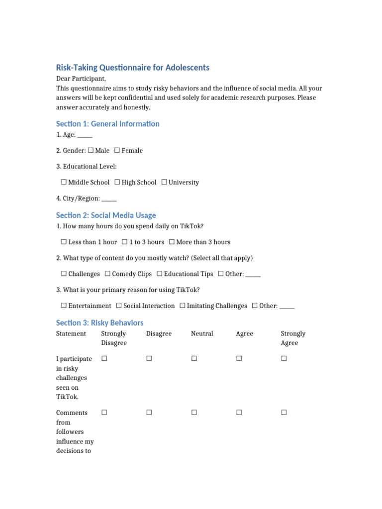 Risk Taking Questionnaire | PDF