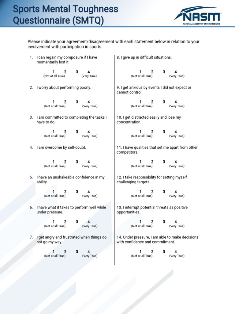 NASM PES Handout Sports Mental Toughness Questionnaire (SMTQ) | PDF ...