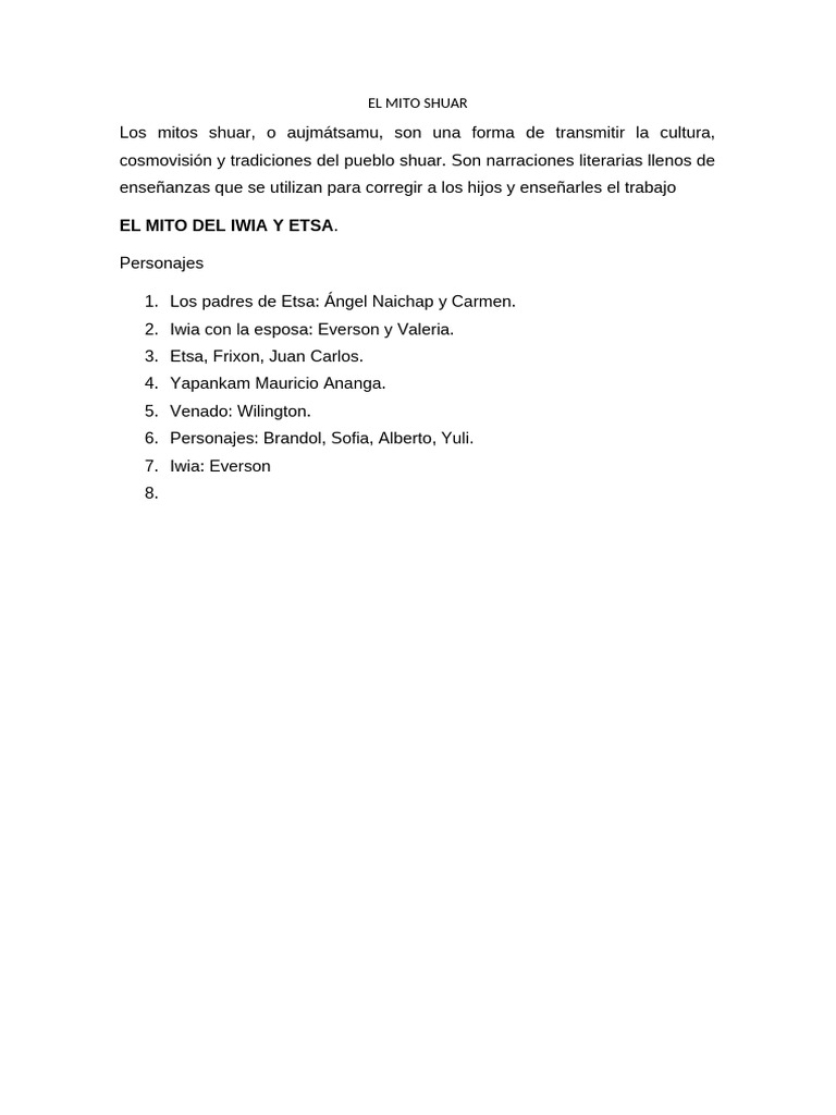 Mitos Shuar: Iwia y Etsa | PDF
