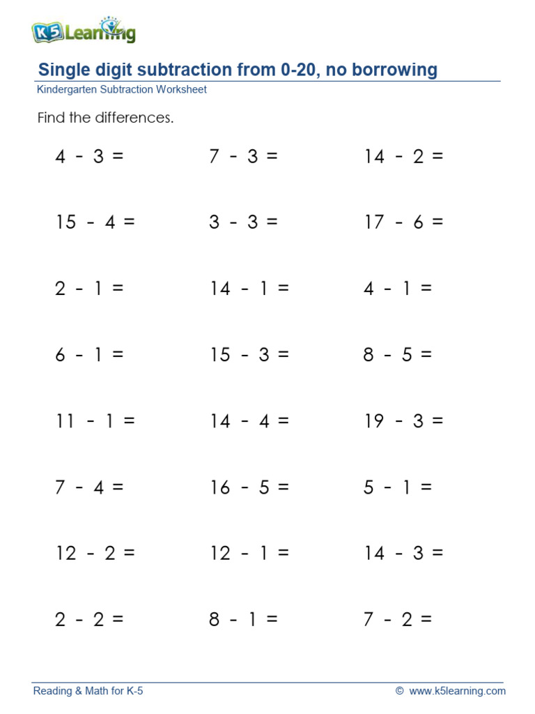 Kindergarten Subtraction 1 Digit From 20 No Borrow h5 | PDF