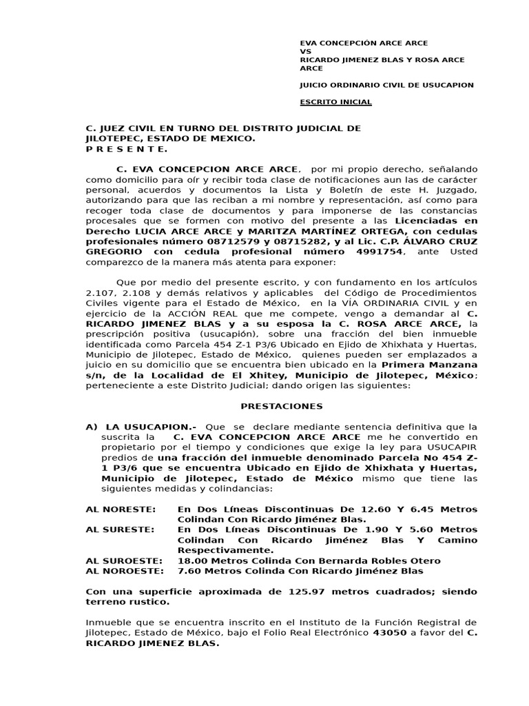 Demanda Verbal de Usucapion | PDF | Posesión adversa | Posesión (Ley)