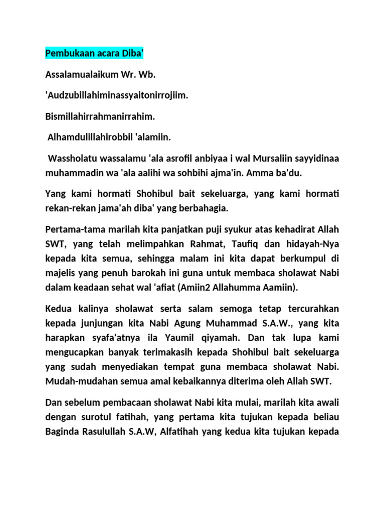 Pembukaan Acara Diba' | PDF