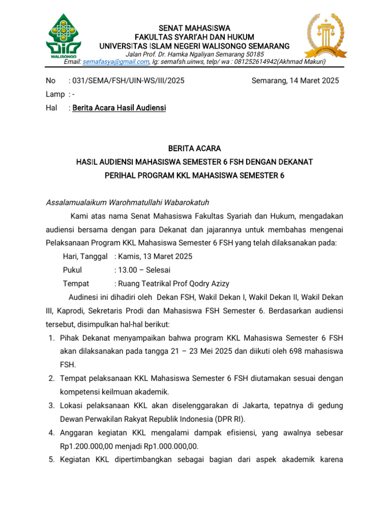 Audiensi KKL Mahasiswa FSH 2025 | PDF