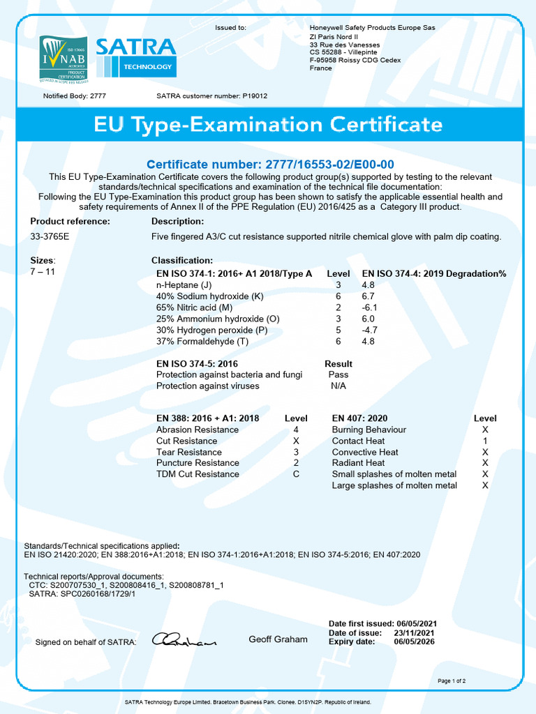Certificate Flextril 231 EN388 HONEYWELL | PDF | Certification ...