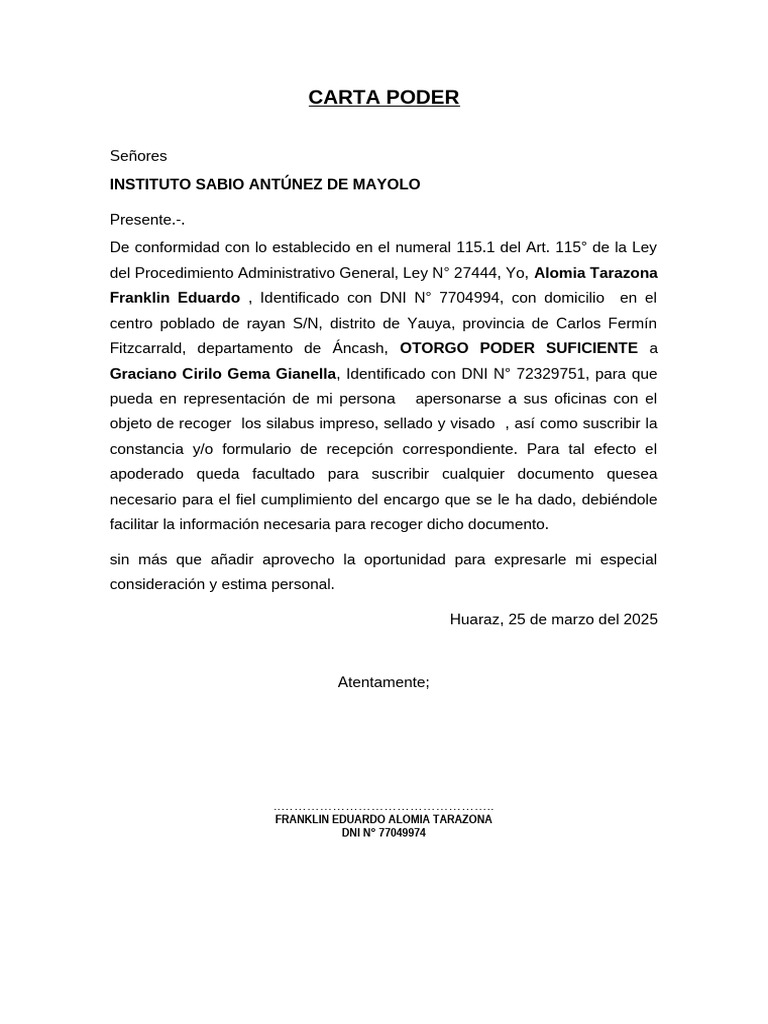 Carta Poder para Recoger Silabus | PDF