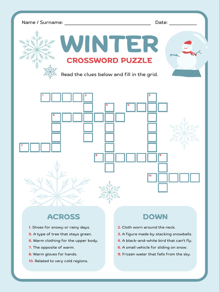 Winter Crossword Puzzle Worksheet in Grey Blue Cozy Style | PDF