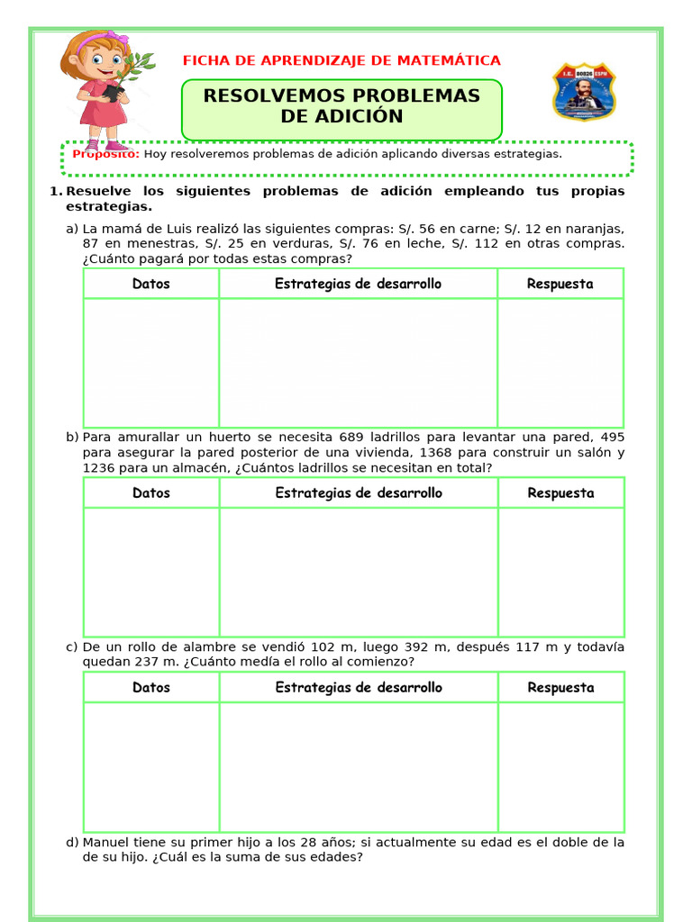 Ficha-Lun-Mat-Resolvemos Problemas de Adición | PDF