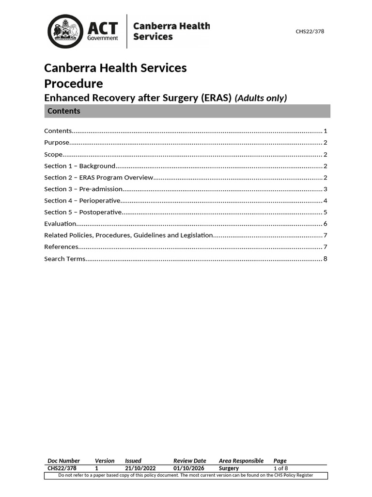 ERAS Procedure for Adult Elective Surgery | PDF | Surgery | Medical ...
