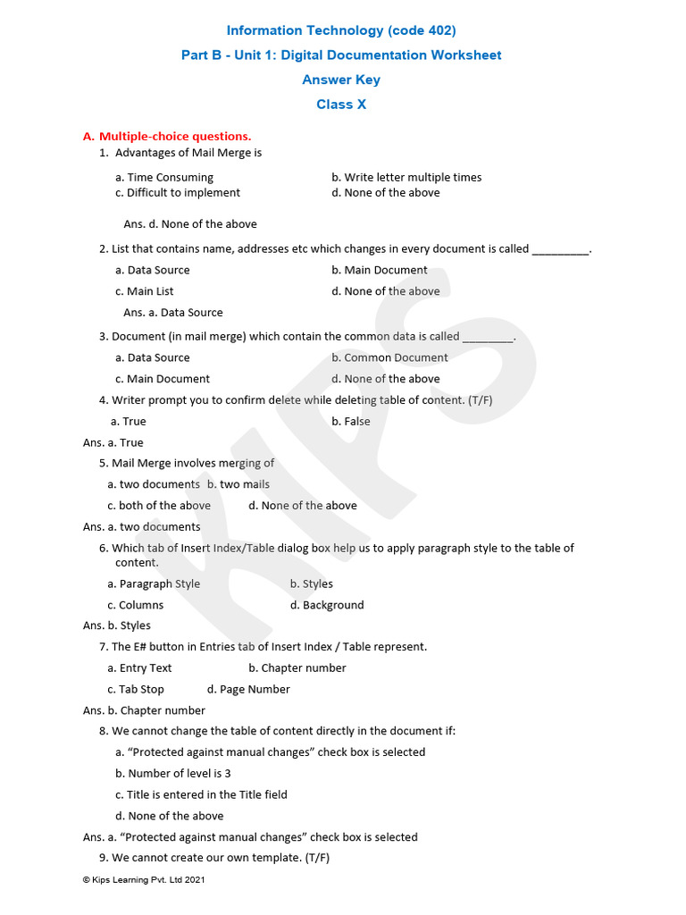 Unit1 Digital Document Worksheet MCQsAnsKey ClassX | PDF | Computing