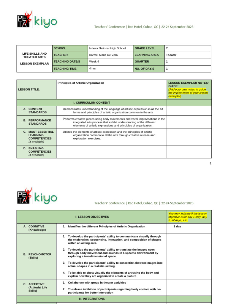 Lesson Exemplar - G7 - 1st - Principles of Artistic Expression - Week 4 | PDF | Learning | Teachers