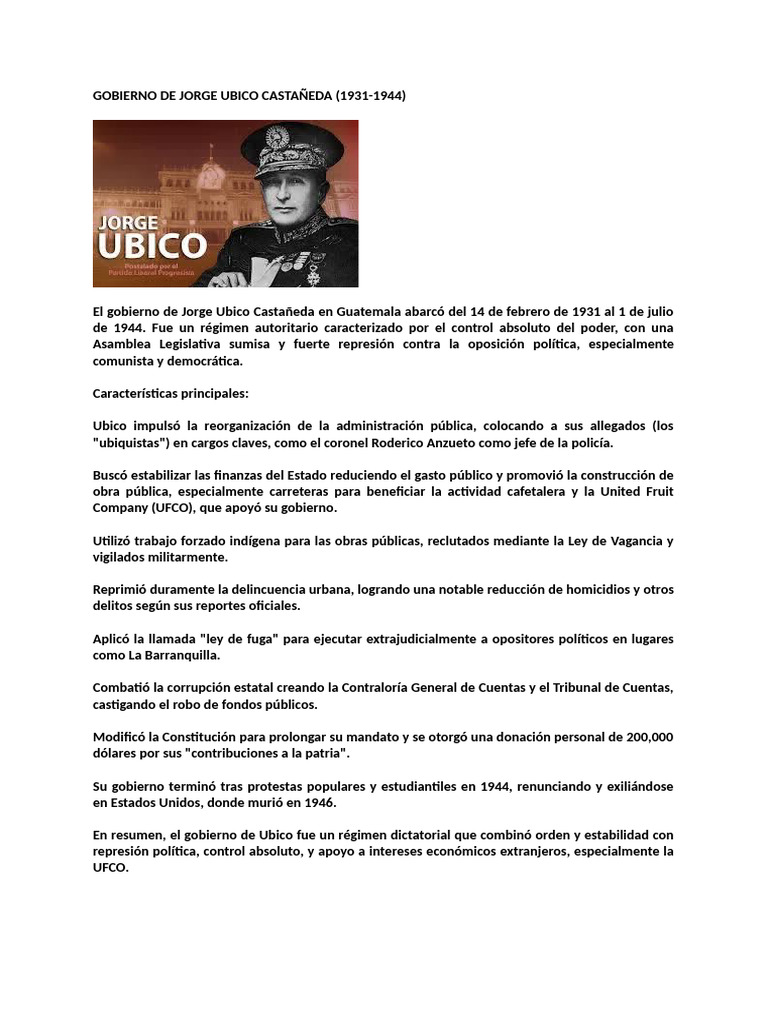 Gobierno autoritario de Jorge Ubico (1931-1944) | PDF | Guatemala