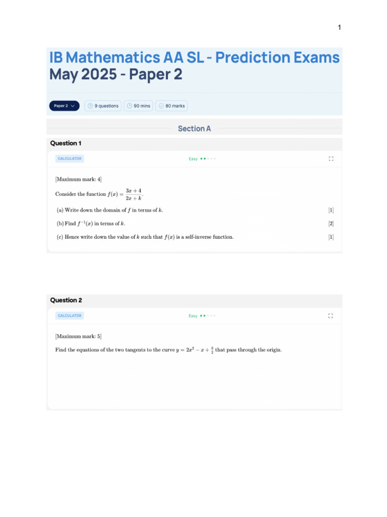 IB math AA SL past paper | PDF