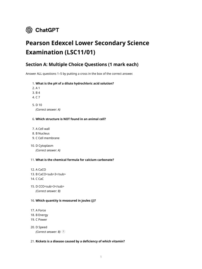 Science Ilower Secondary Answer Assessment Sheet | PDF | Acid | Nitric Acid